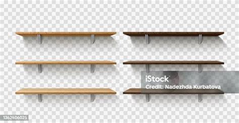 현실적인 나무 가게 선반 어둡고 밝은 목재 도서관 3d 매달려 벽 전시회는 제품 프리젠 테이션을 의미합니다 빈 인테리어 가구 벡터 빈 책장 세트 0명에 대한 스톡 벡터 아트