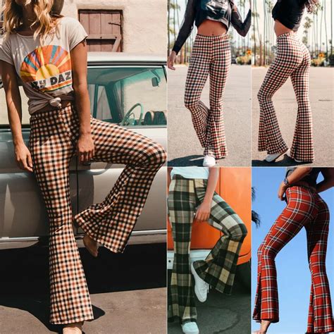Vintage Plaid Women Girls High Waist Bell Bottom Long Flare Pants