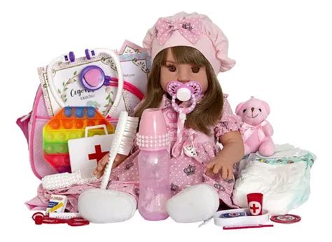 Boneca Bebê Reborn Castanha Com Jogo De Roupa E Acessórios