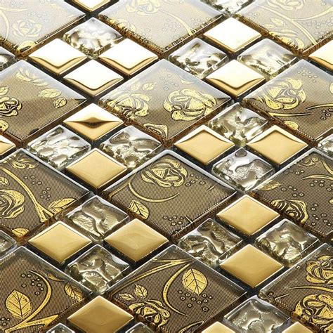 Gold Plated Glass Mosaic Sheets Bathroom Wall Backsplash Tiles Bedroom