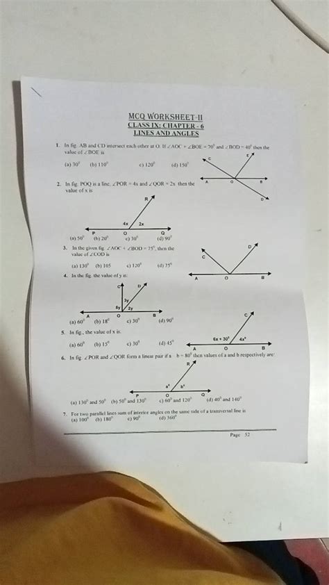 MCQ WORKSHEET IICLASS IX CHAPTER WINES AND ANGLES Value Of COD Is