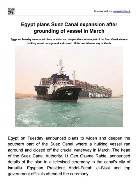 Egypt Plans Suez Canal Expansion After Grounding Of Vessel In March By
