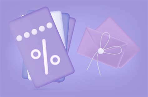 봉투에 할인 된 3d 쿠폰 또는 바우처 판매 배너 로열티 프로그램의 개념 큰 할인 및 저렴한 가격 바우처가 있는 선물 봉투 보라색 배경에 제품 홍보 벡터 3차원 형태에 대한