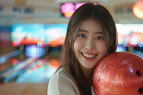 Asian Woman Holding A Bowling Ball At The Bowling Alley Premium Ai