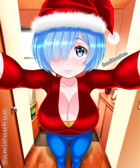 Rule 34 Big Breasts Blue Eyes Blue Hair Christmas Christmas Hat