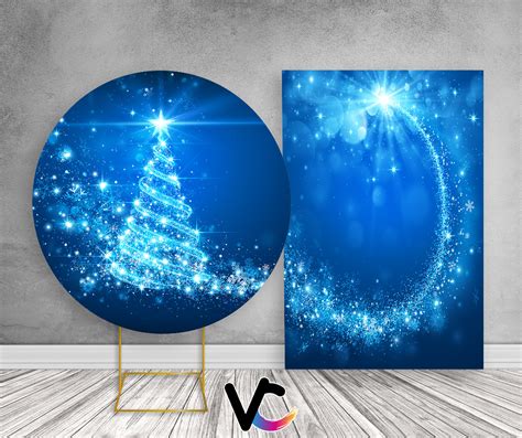 Painel De Festa Redondo x Vertical x Árvore de Natal Azul Efeito Glitter
