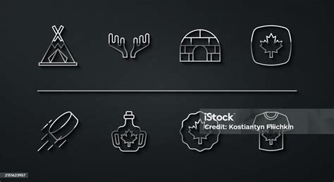 인도 천막 또는 Wigwam 하키 퍽 캐나다 단풍 잎 시럽 병 사슴 뿔 저지 및 이글루 아이스 하우스 아이콘을 설정합니다 벡터 0명에 대한 스톡 벡터 아트 및 기타 이미지