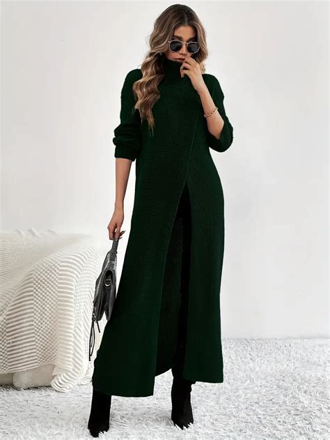 Solid High Neck Split Dress Elegant Long Sleeve Maxi Dress Temu
