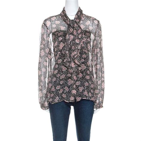 Giorgio Armani Black And Pink Floral Print Sheer Silk Blouse L Giorgio