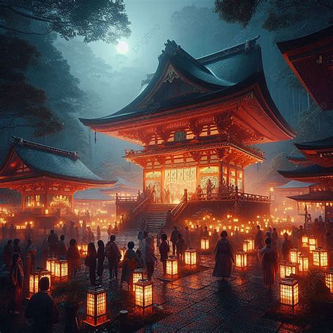 Obon Festival Japanese Temple At Night City Generative Ai Background