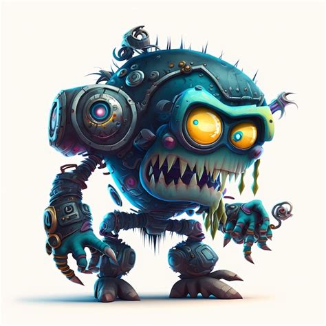 사이버펑크와 스팀펑크 몬스터 3d 디자인 사이의 혼합 그림 프리미엄 사진