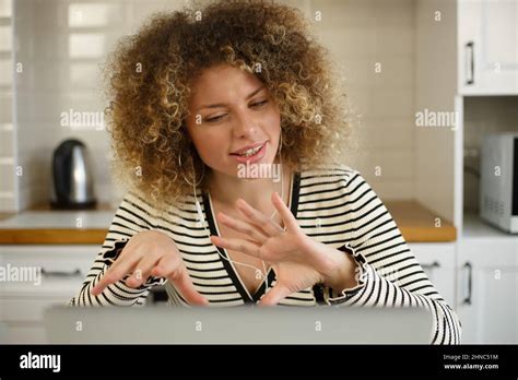 Curly White Woman Speaking On Web Camera Emotional Female Talking In