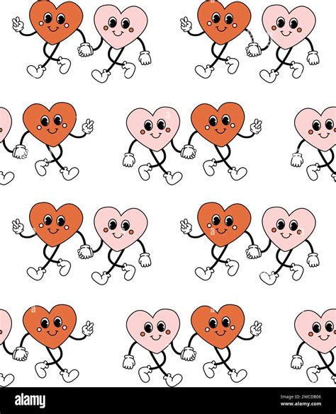 Vector Seamless Pattern Of Groovy Retro Cartoon Couple Of Hearts