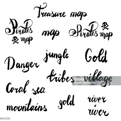 해적 서명 문자 서예 검은 손으로 쓴 커스톤 단어 설정 텍스트 설정 텍스트 에 고립 된 흰색 벡터 일러스트 레이션 해적지도 보물 정글 강 부족과 졸리 로저의 그림 로고에