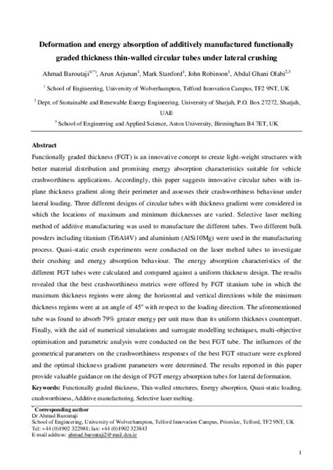 Pdf Deformation And Energy Absorption Of Additively Manufactured Functionally Graded Thickness