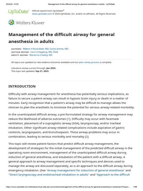 Management Of The Difficult Airway For General Anesthesia In Adults