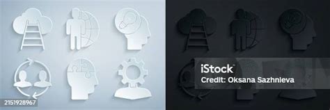 램프 전구 자원 내부 장비 지구본과 사람 구름 아이콘으로 이어지는 사다리가 있는 인간 머리 퍼즐 전략을 설정합니다 벡터 3차원 형태에 대한 스톡 벡터 아트 및 기타 이미지