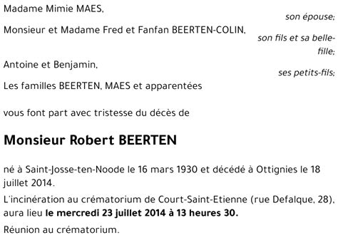 Avis De Décès De Robert Beerten Décédé Le 18072014 à Ottignies