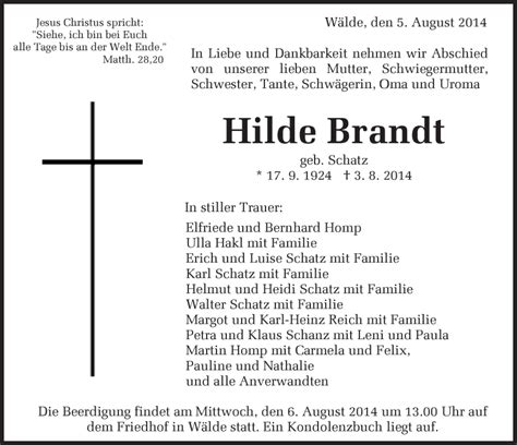 Traueranzeigen von Hilde Brandt Schwarzwälder Bote Trauer