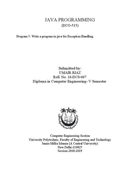 java programming program 5 write a program in java for exception