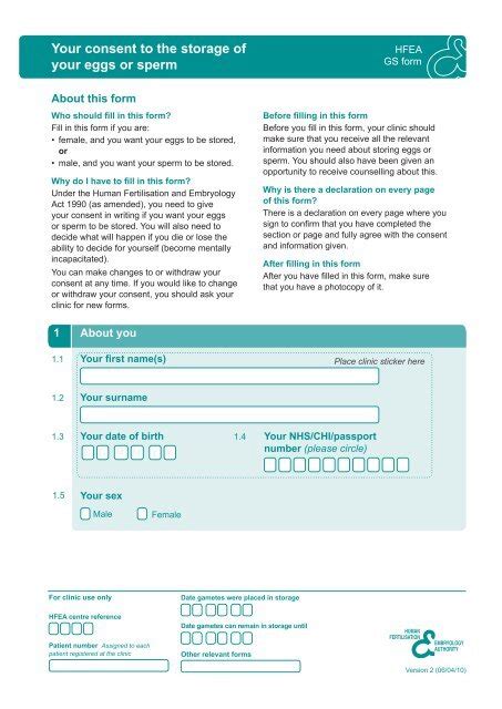 Hfea Gs Form New Green V2 Feb 2010 Human Fertilisation And