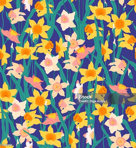 수선화 꽃은 파란색 배경에 완벽 한 패턴입니다 수선화 봄 시즌 벡터 일러스트 레이 션 인사말 카드 직물 벽지 또는 포장지 0명에 대한 스톡 벡터 아트 및 기타 이미지
