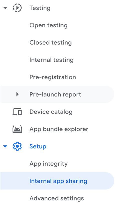 new play console why isn t internal app sharing under the testing