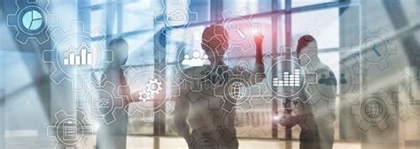 Business Process Abstract Diagram With Gears And Icons Workflow And Automation Technology Stock