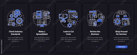 Budgeting For Small Business Night Mode Onboarding Mobile App Screen Walkthrough 5 Steps