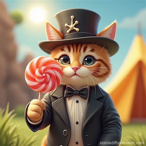 A Tuxedo Cat Kitten With A Propeller Hat Holding A Big Colored Lollipop