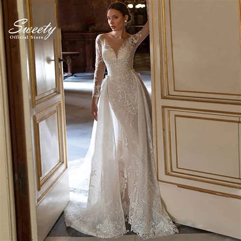 럭셔리 분리형 2 In 1 웨딩 드레스 그물에 수 놓은 레이스 기차 포함 O 넥 민소매 빈티지 신부 가운 Vestido De Novia Aliexpress