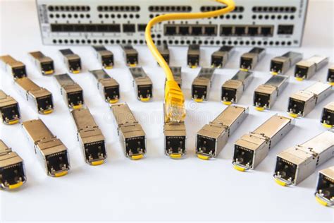 Sfp Modules For Network Switch And Yellow Patch Cord Internet Communication Network Stock