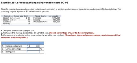 solved exercise 25 12 product pricing using variable costs