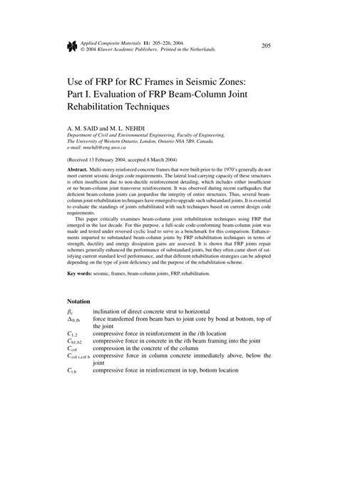 Pdf Use Of Frp For Rc Frames In Seismic Zones Part I Evaluation Of Frp Beam Column Joint