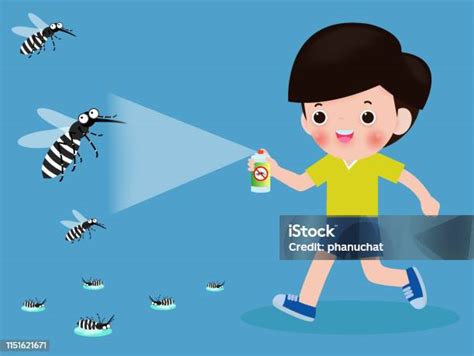 아 이들은 스프레이에 의해 모기 싸움 보호 뎅기열 발열 개념입니다 벡터 일러스트 레이 션 Zika 바이러스 말라리아 황색 발열