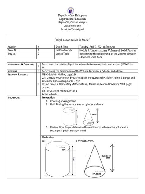 Prototype Lesson Plan In Math 6 Q4 Wk1 Day2 Pdf Volume Area