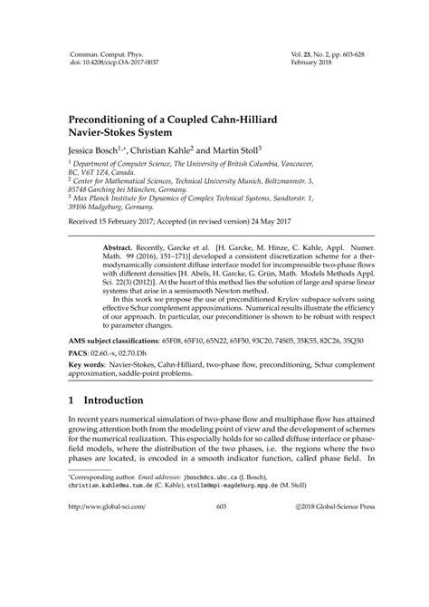 Global Science Press Preconditioning Of A Coupled Cahn Hilliard Navier Stokes System
