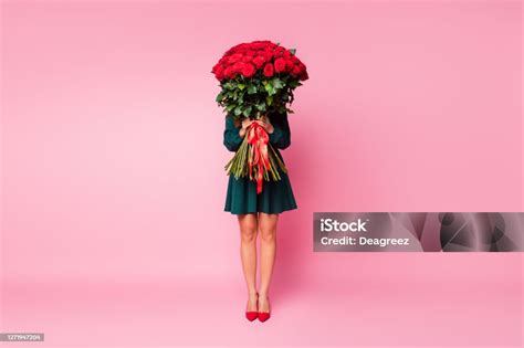 매력적인 세련된 레이디 홀드 팔 큰 장미 꽃다발 숨기기 얼굴 수줍은 사람 짧은 녹색 드레스 빨간 하이힐 고립 된 파스텔 핑크