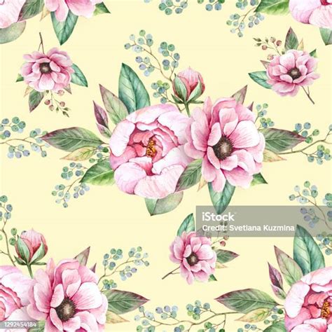노란색 배경에 꽃의 섬세한 핑크 꽃다발 일러스트 수채화 손 그린 매끄러운 패턴 0명에 대한 스톡 벡터 아트 및 기타 이미지 0명 고풍스런 공휴일 Istock