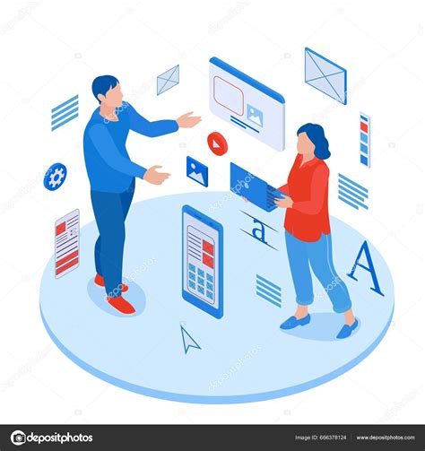 Design Isometric Concept Male Female Designers Creating User Interface Vector Stock Vector By