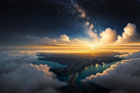 Голубое небо город белые облака обои фон небо полное звезд Млечный Путь с видом Премиум Ai