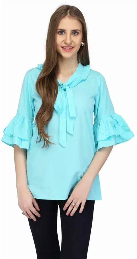 Buy Karmic Vision Women Light Blue Solid Poly Crepe Single Top Online