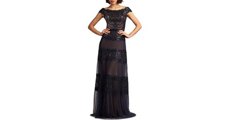 Tadashi Shoji Sequin Corded Lace Off The Shoulder Gown In Blue Lyst