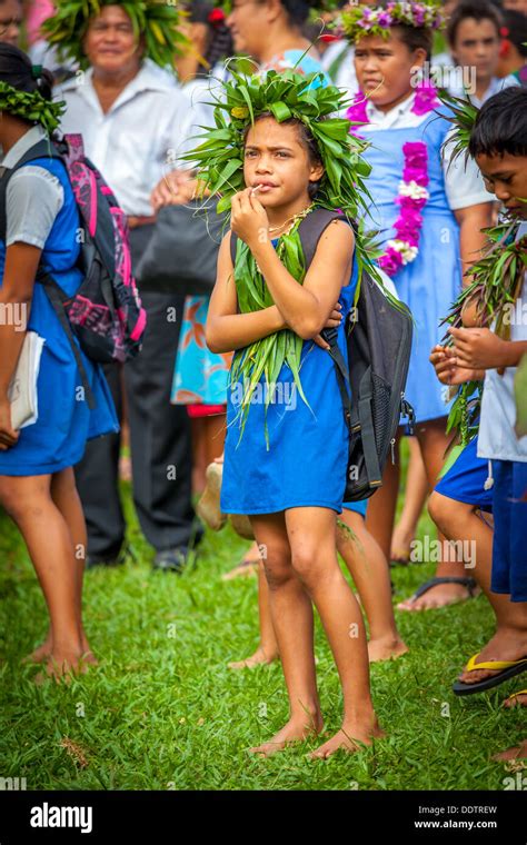Aitutaki Young Girl In Traditional Polynesian Costume During The