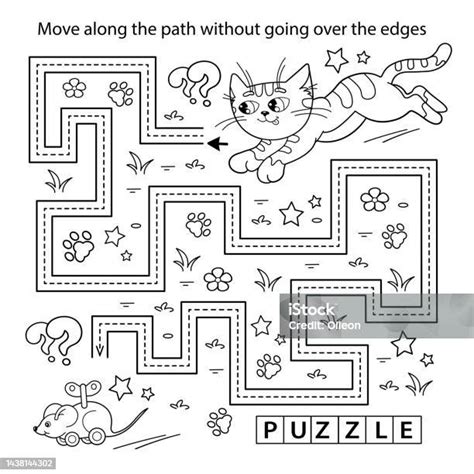 필기 연습 시트 간단한 교육 게임 또는 미로 장난감 시계태엽 마우스를 가진 만화 작은 고양이의 색칠하기 페이지 개요 아이들을위한 색칠하기 책 0명에 대한 스톡 벡터 아트 및
