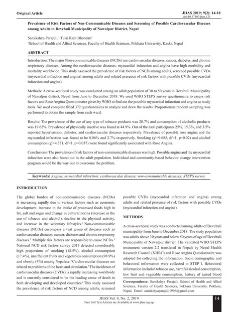 Pdf Prevalence Of Risk Factors Of Non Communicable Diseases And