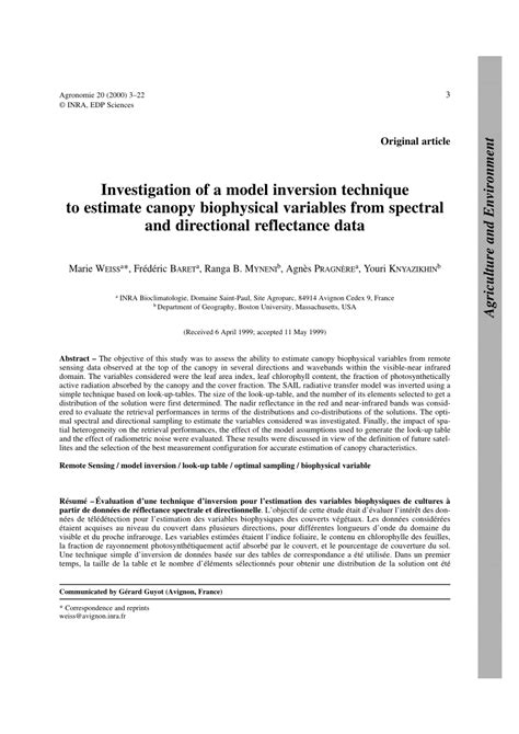Pdf Investigation Of A Model Inversion Technique To Estimate Canopy Biophysical Variables From
