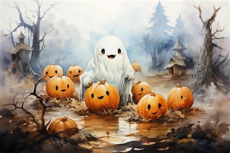 Premium Vector Vector Cute Halloween Ghost Holding Pumpkin Cartoon