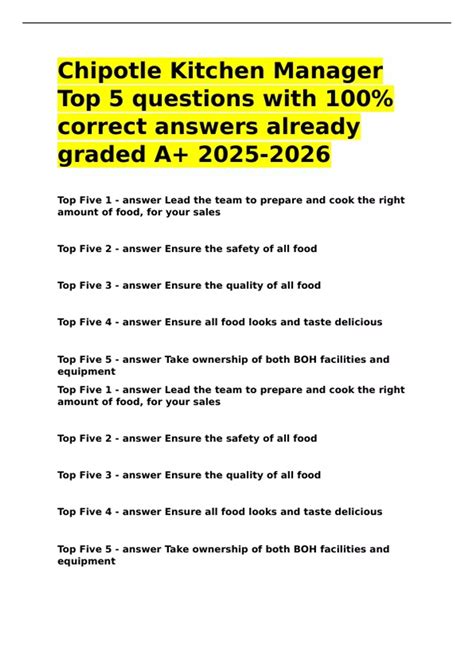 Chipotle Kitchen Manager Top 5 Questions With 100 Correct Answers Already Graded A