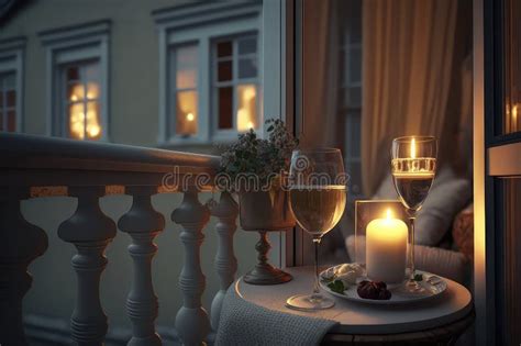 Cozy Balcony With Candle And Glass Of Wine For Romantic Evening Stock